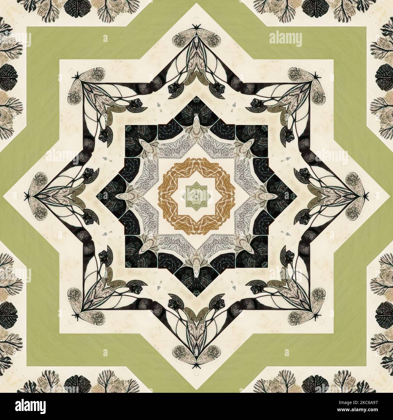 Forest green decorative damask seamless pattern. Geometric kaleidoscope ...