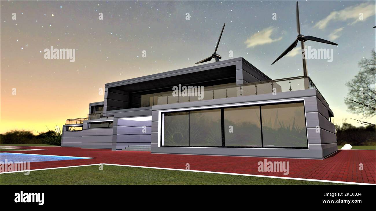 Evening view of a country house in a futuristic style. Own wind farm ...