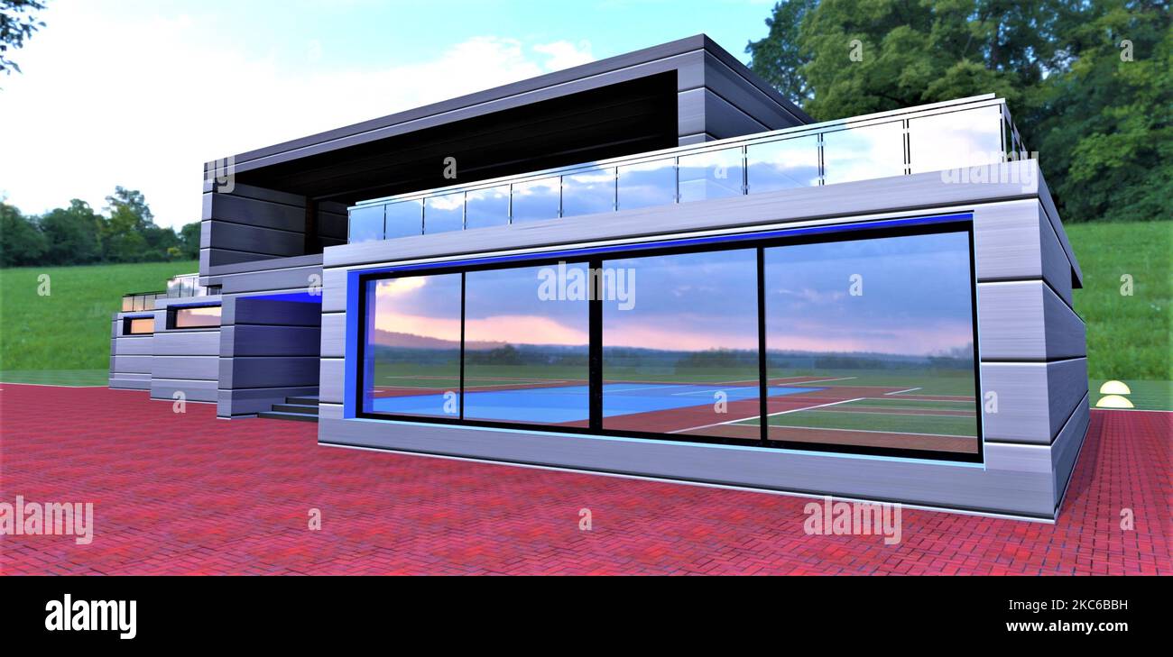 Red brick parquet paving in front of the entrance to a modern cozy home ...