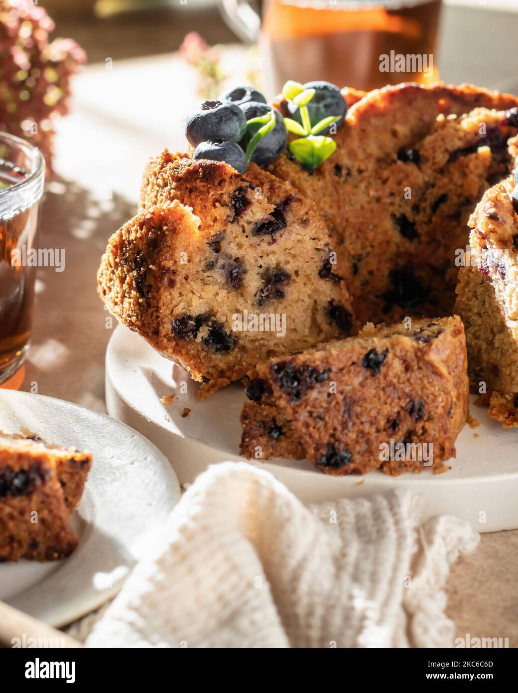 Sliced Blueberry Bundt Cake close up, sunny morning festive breakfast ...