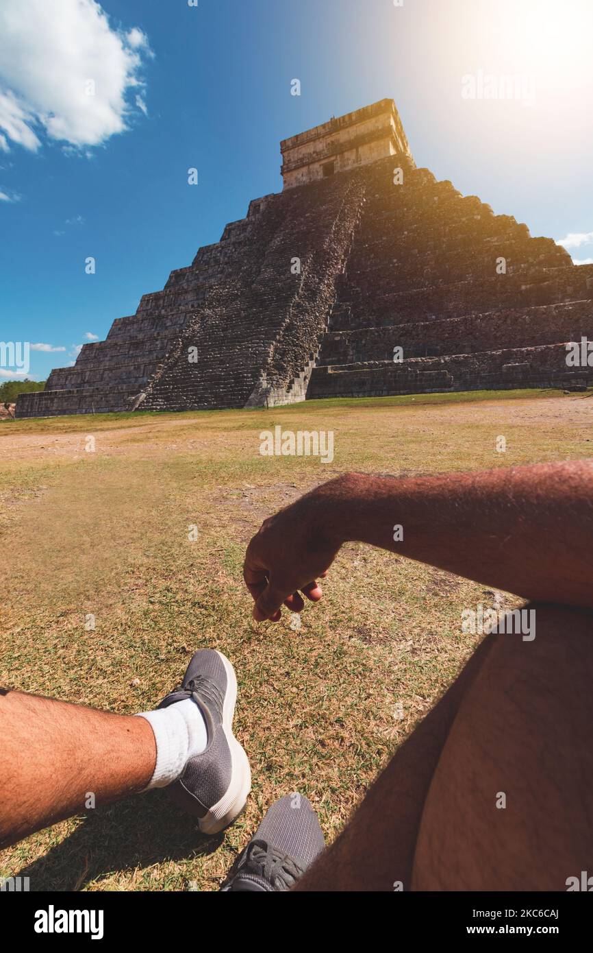 Black Man Tourist in front of Piramide ruins in Tulum Mexico. Sunny Day ...