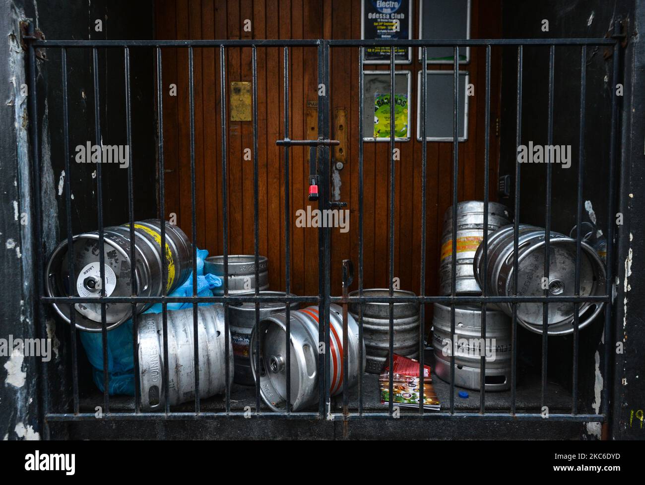 Empoty beer kegs seen outside a closed pub in Dublin city center. From ...
