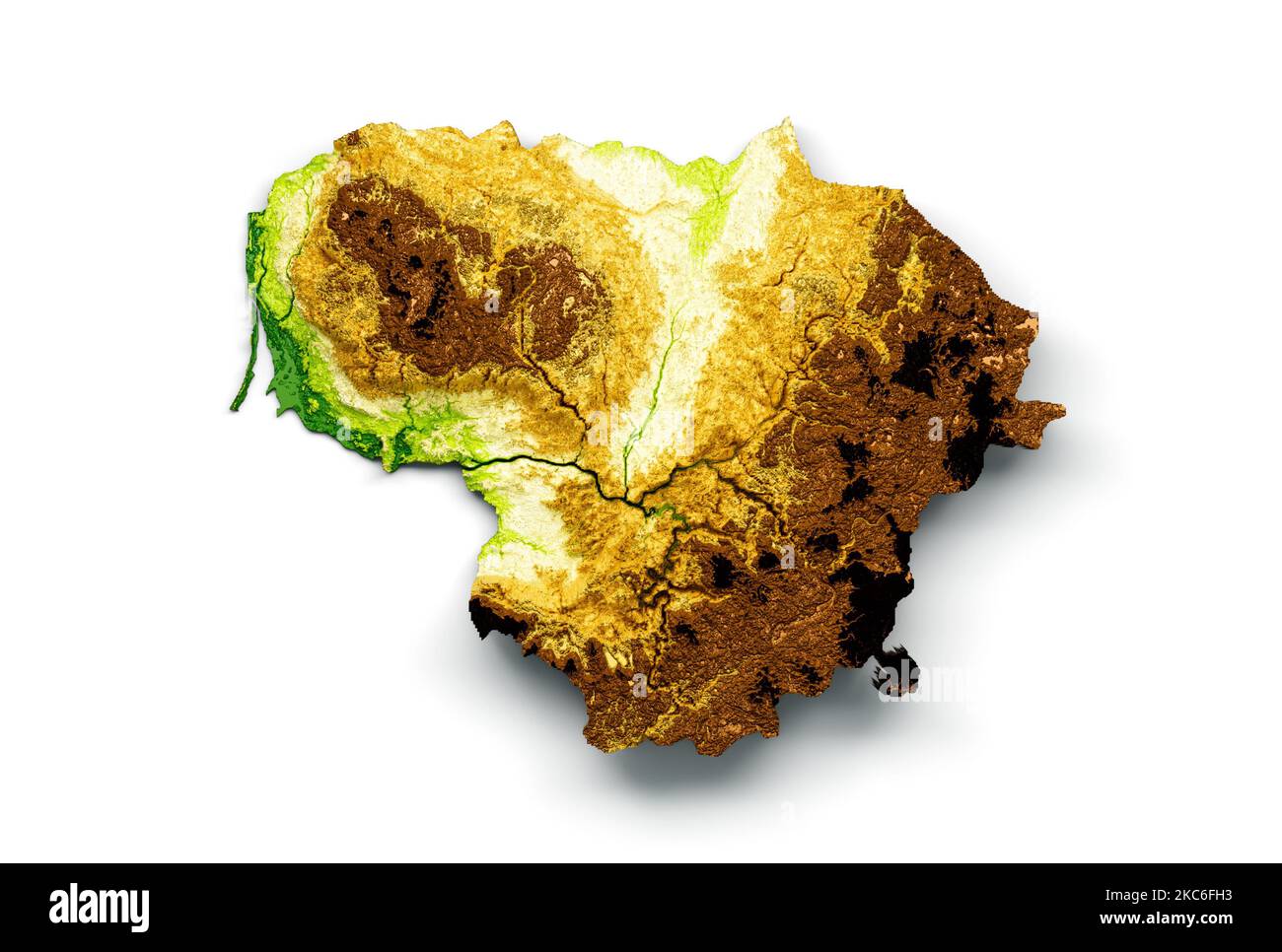 A 3D render of Lithuania Map Shaded relief Color Height map on a blue ...