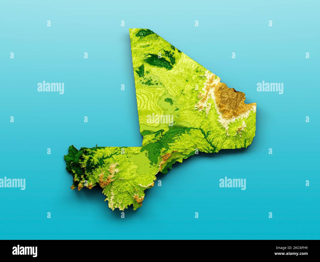 A 3D render of Mali Map Shaded relief Color Height map on a blue ...