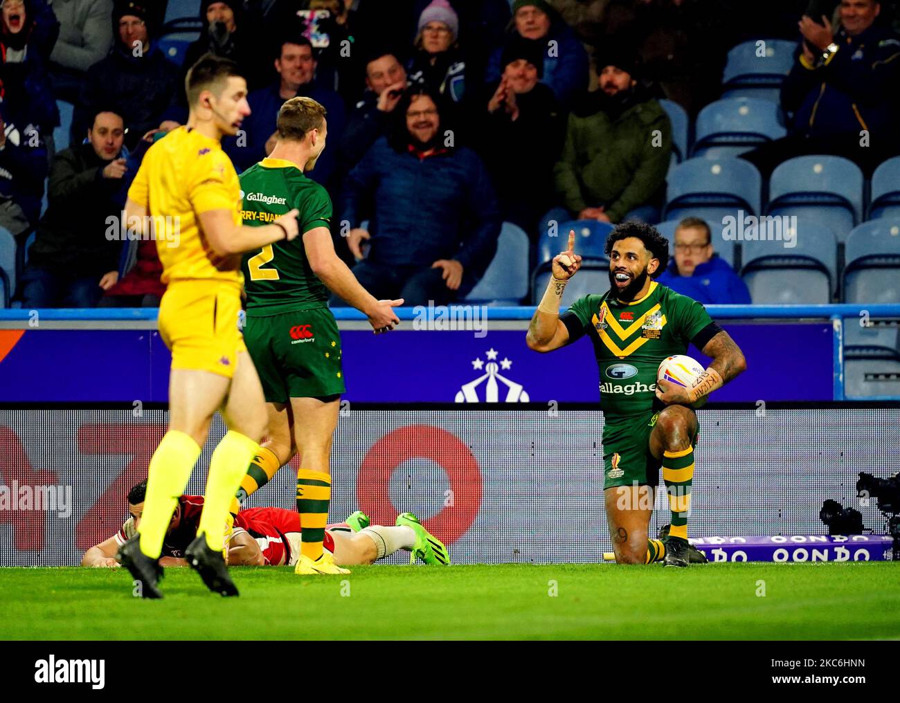 Australia's Josh Addo-Carr celebrates after scoring his side's seventh ...