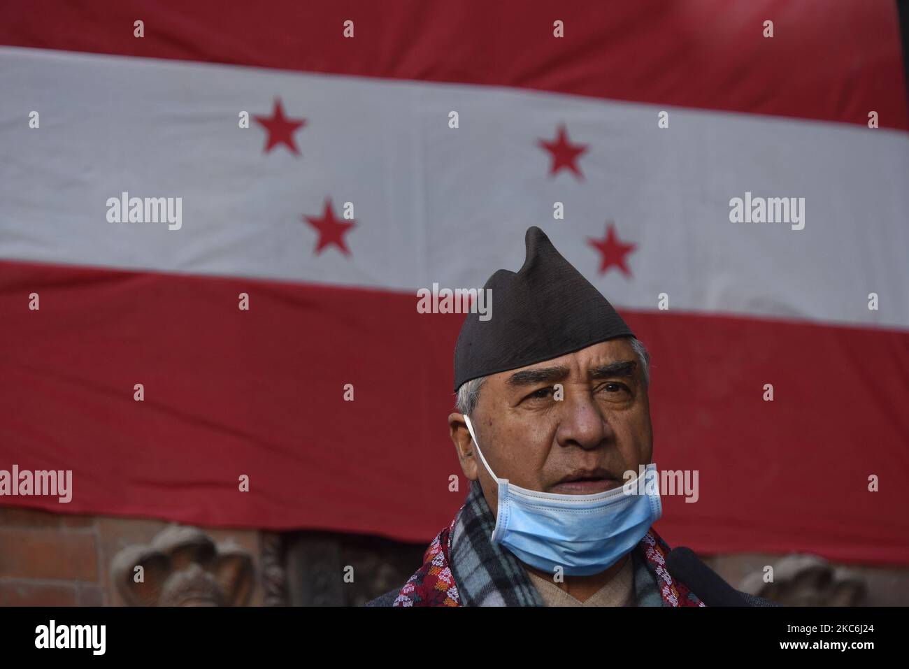 A Portrait of Nepali Congress party president Sher Bahadur Deuba giving ...