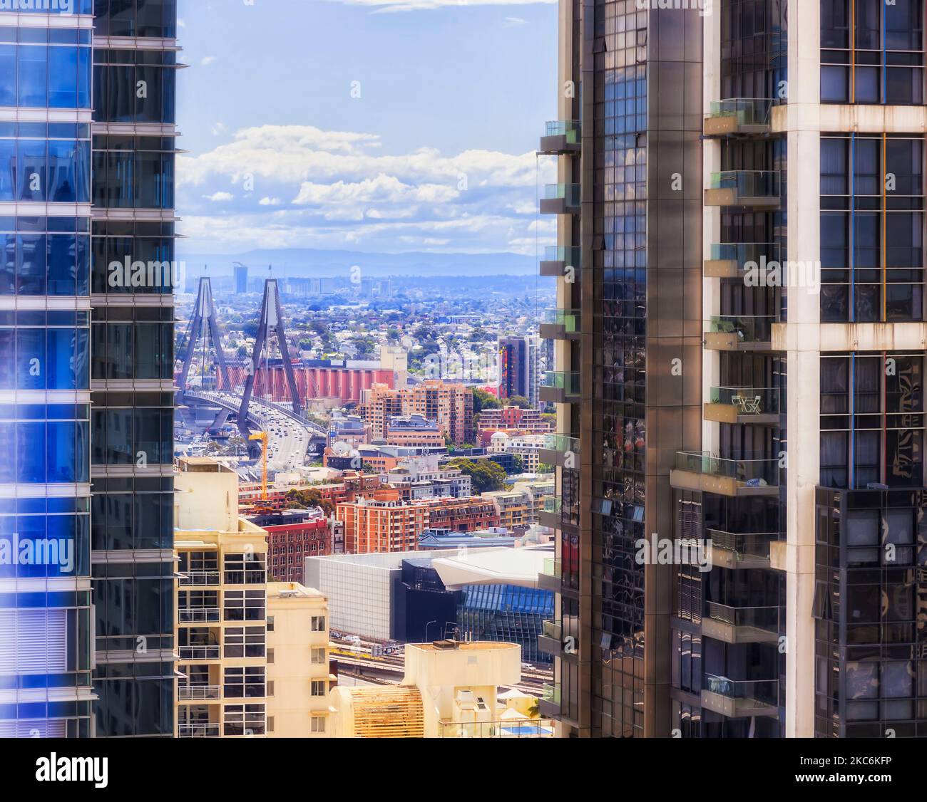 Toll high-rise residential towers in Sydney city CBD - view to distant ...