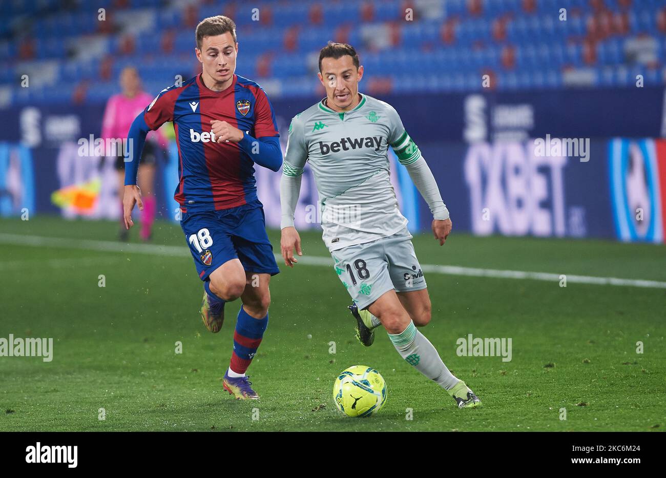 Andres Guardado of Real Betis and Jorge de Frutos of Levante UD during ...