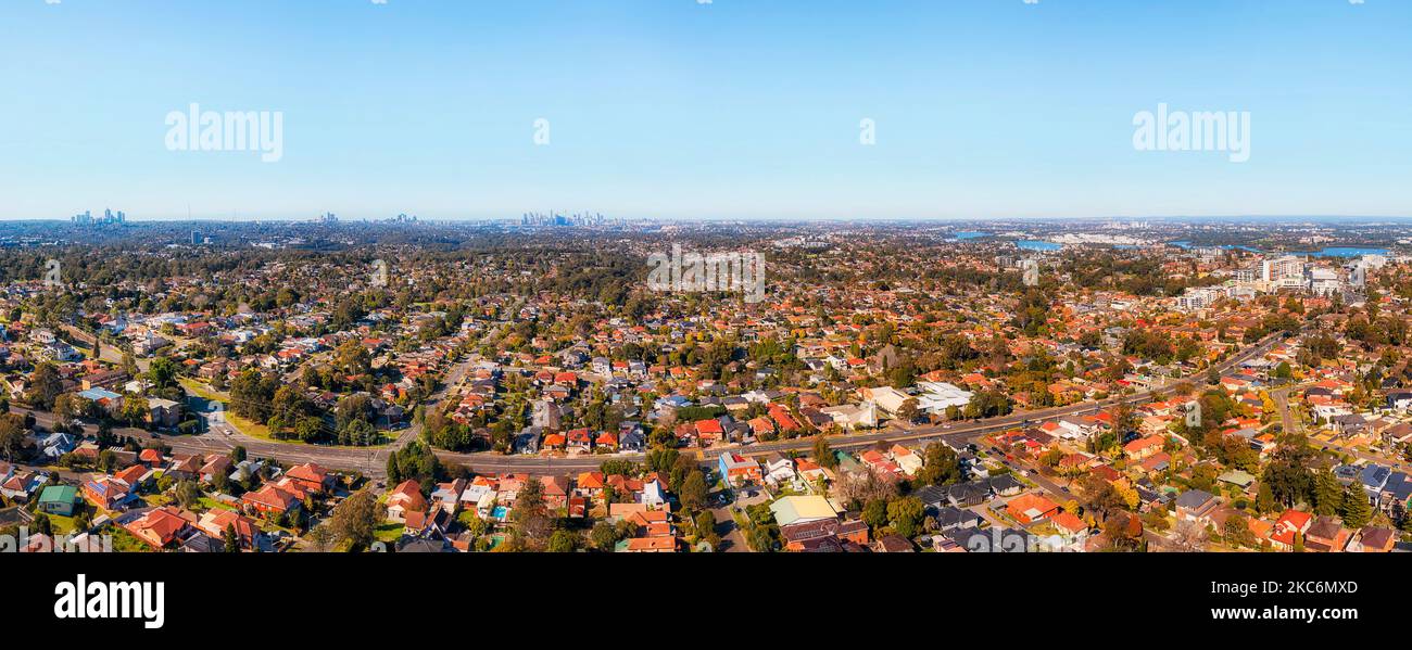 Lane Cove road aerial panorama of Western Sydney from City of Ryde to ...