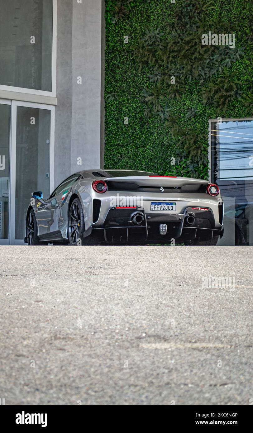 A vertical rear view of a gray Ferrari 488 Pista Stock Photo - Alamy