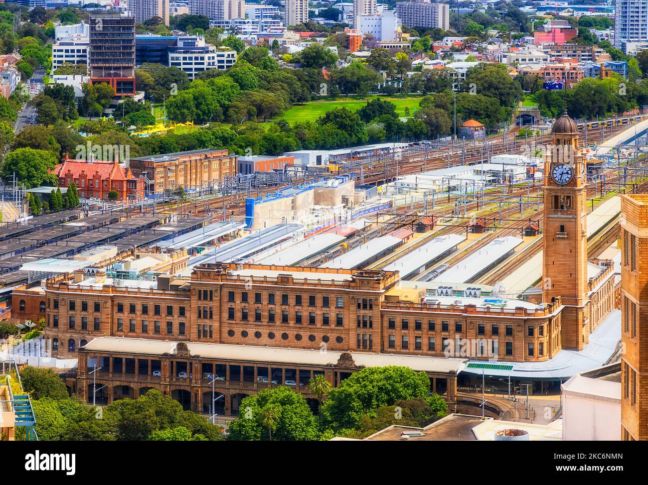Close aerial view of Central railway station in city of Sydney CBD ...