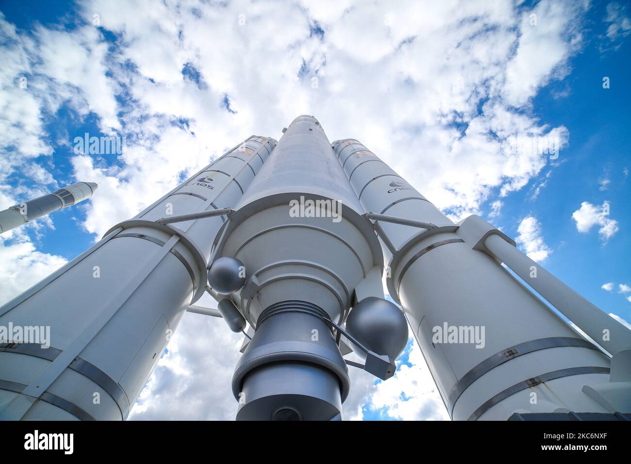 Ariane V space rocket with boosters standing. Full-scale model ...