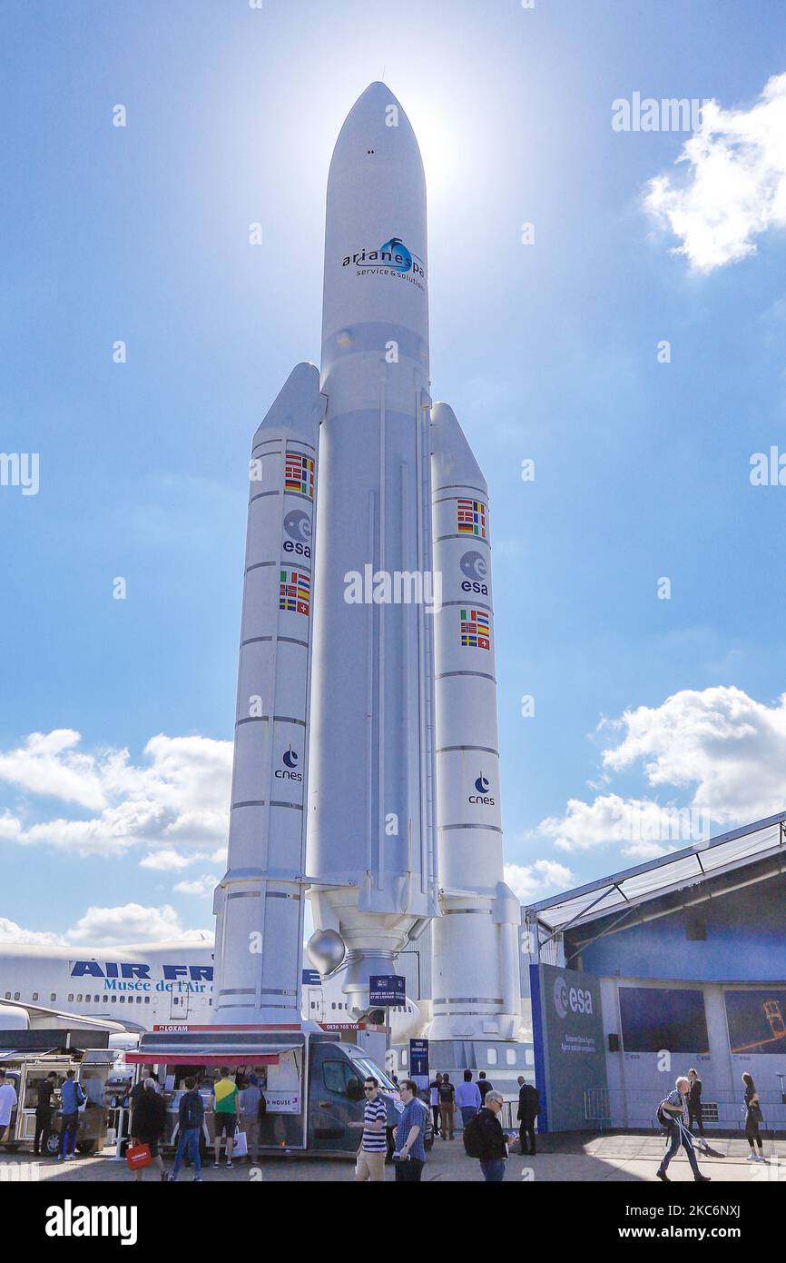 Ariane V space rocket with boosters standing. Full-scale model ...