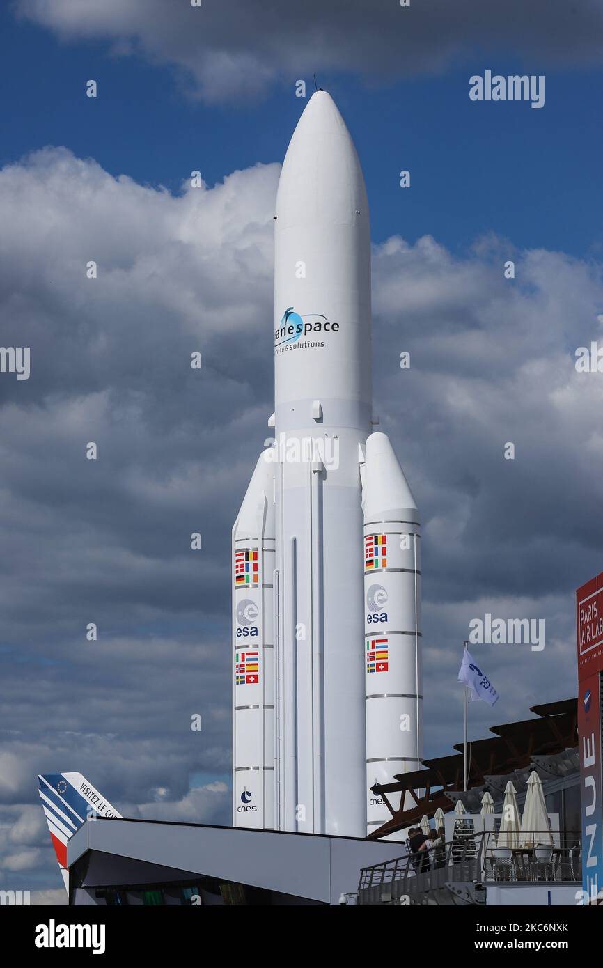 Ariane V space rocket with boosters standing. Full-scale model ...