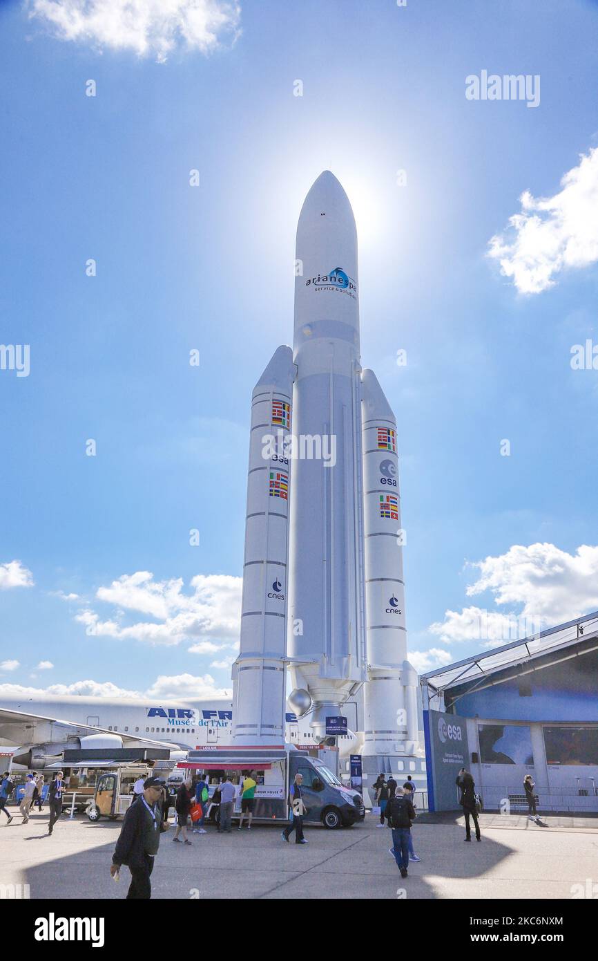 Ariane V space rocket with boosters standing. Full-scale model ...