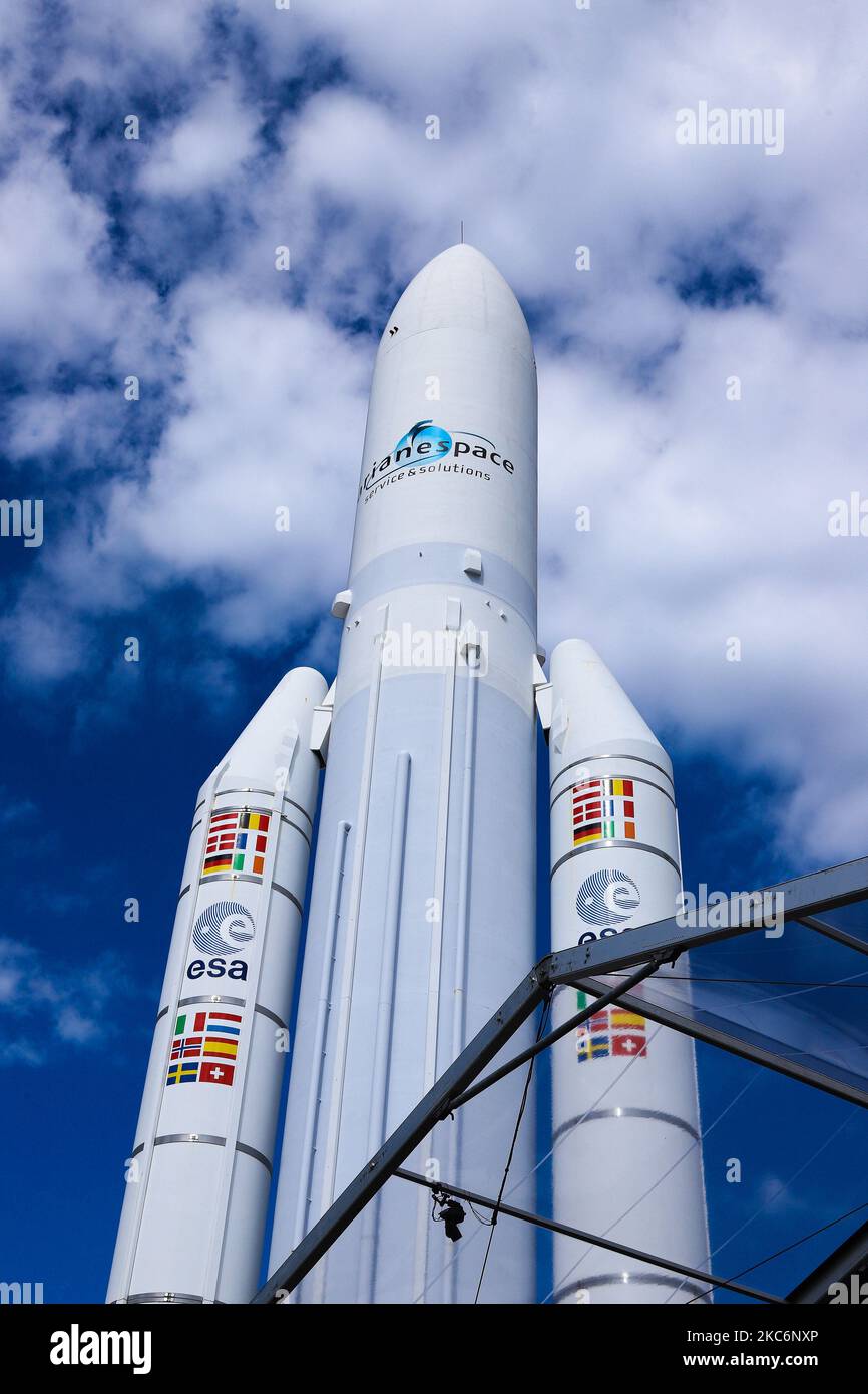 Ariane V space rocket with boosters standing. Full-scale model ...