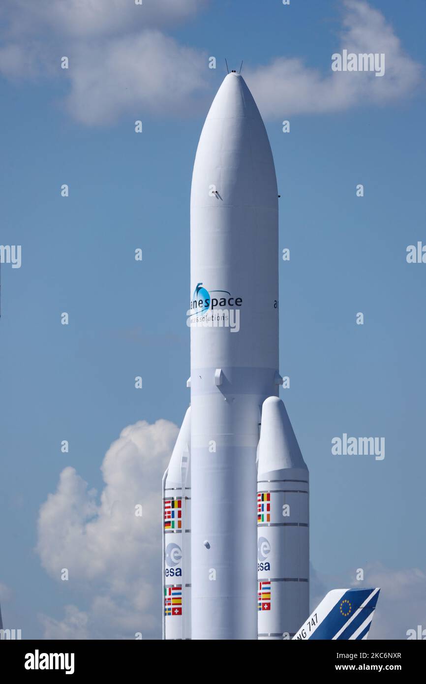 Ariane V space rocket with boosters standing. Full-scale model ...