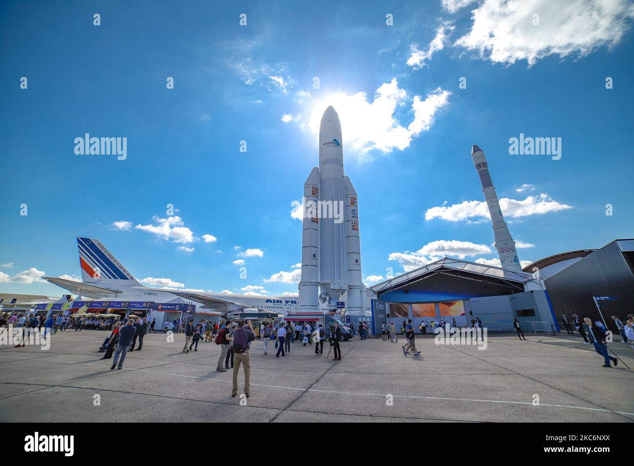 Ariane V space rocket with boosters standing. Full-scale model ...