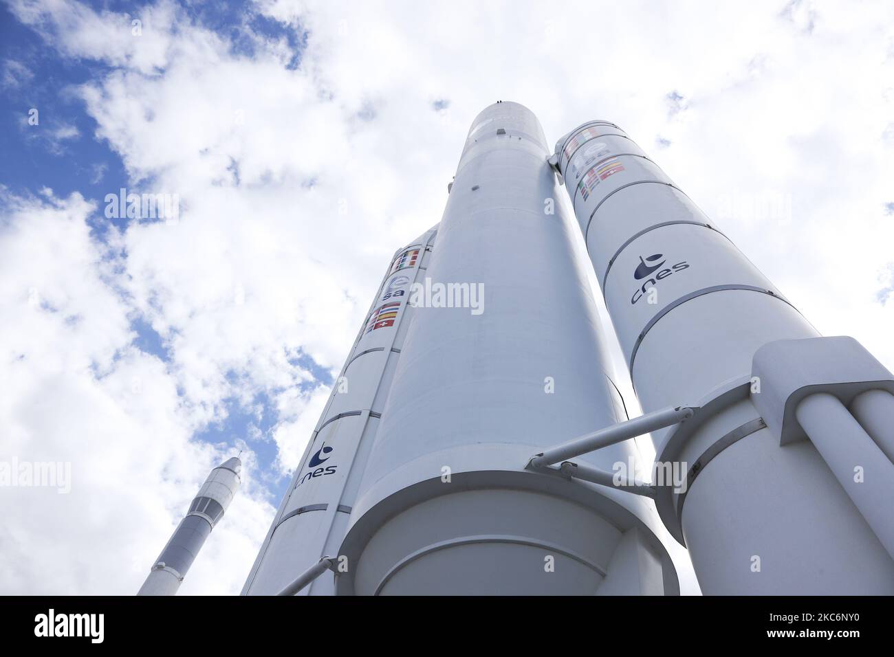 Ariane V space rocket with boosters standing. Full-scale model ...