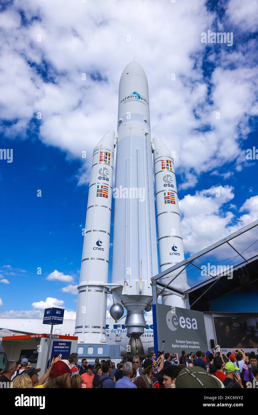 Ariane V space rocket with boosters standing. Full-scale model ...