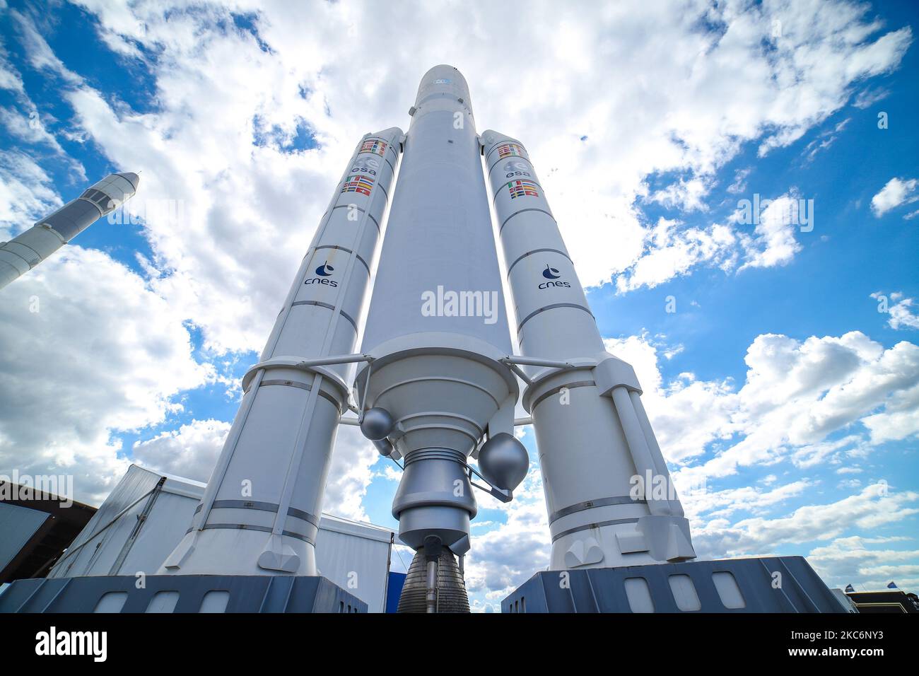Ariane V space rocket with boosters standing. Full-scale model ...