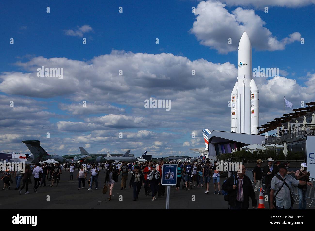 Ariane V space rocket with boosters standing. Full-scale model ...