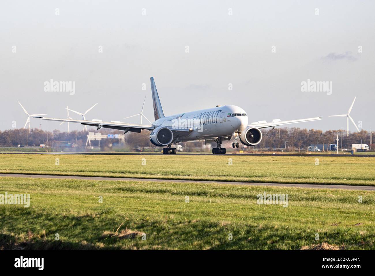 Kuwait Airways Boeing 777-300 aircraft as seen on final approach flying ...