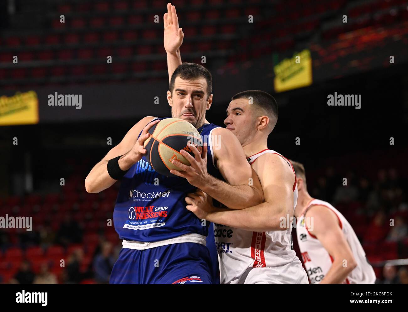 Aalst's Ivan Maras and Spirou's Bine Prepelic fight for the ball during ...