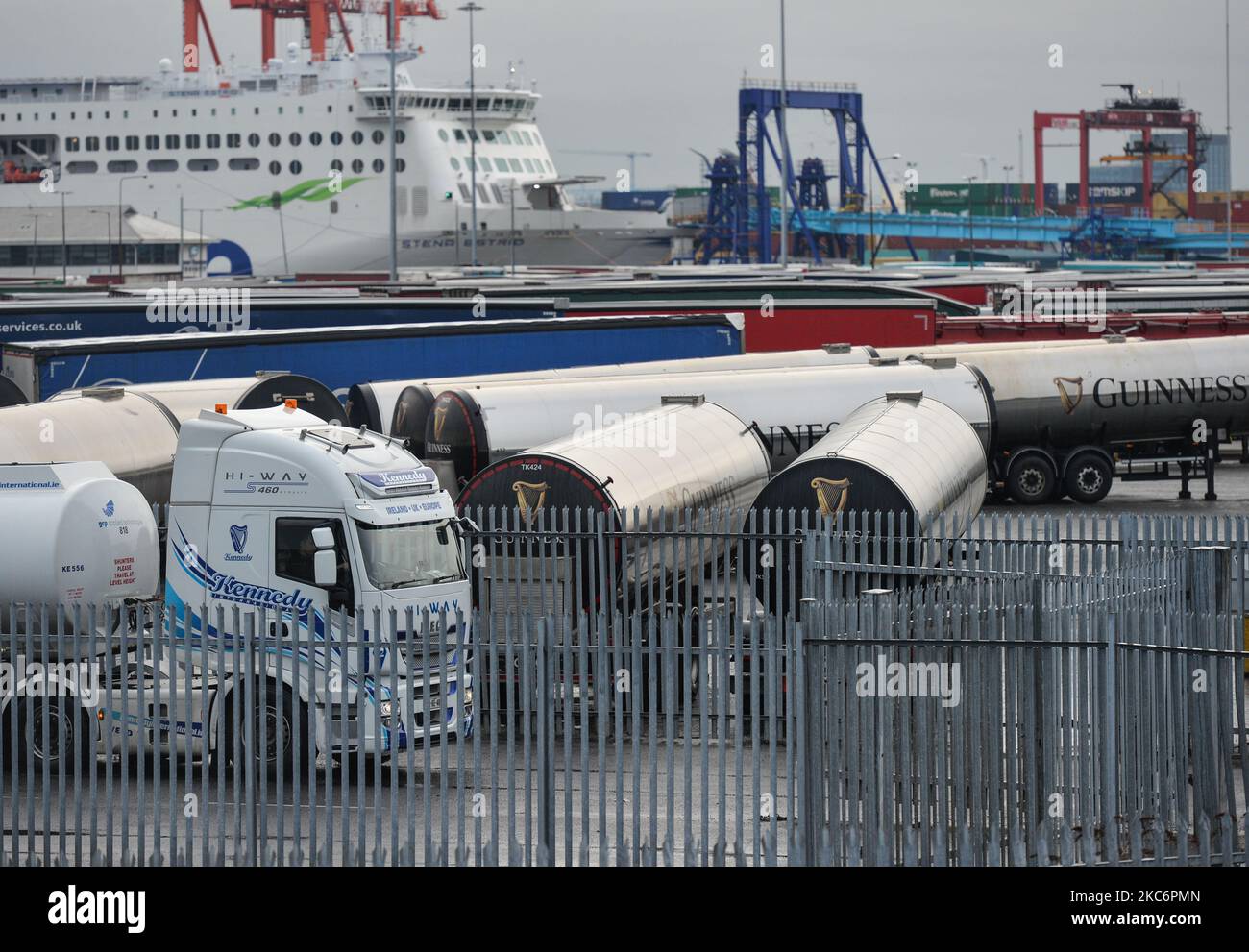 Lorries and containers waiting to be loaded on ferries in the port of ...