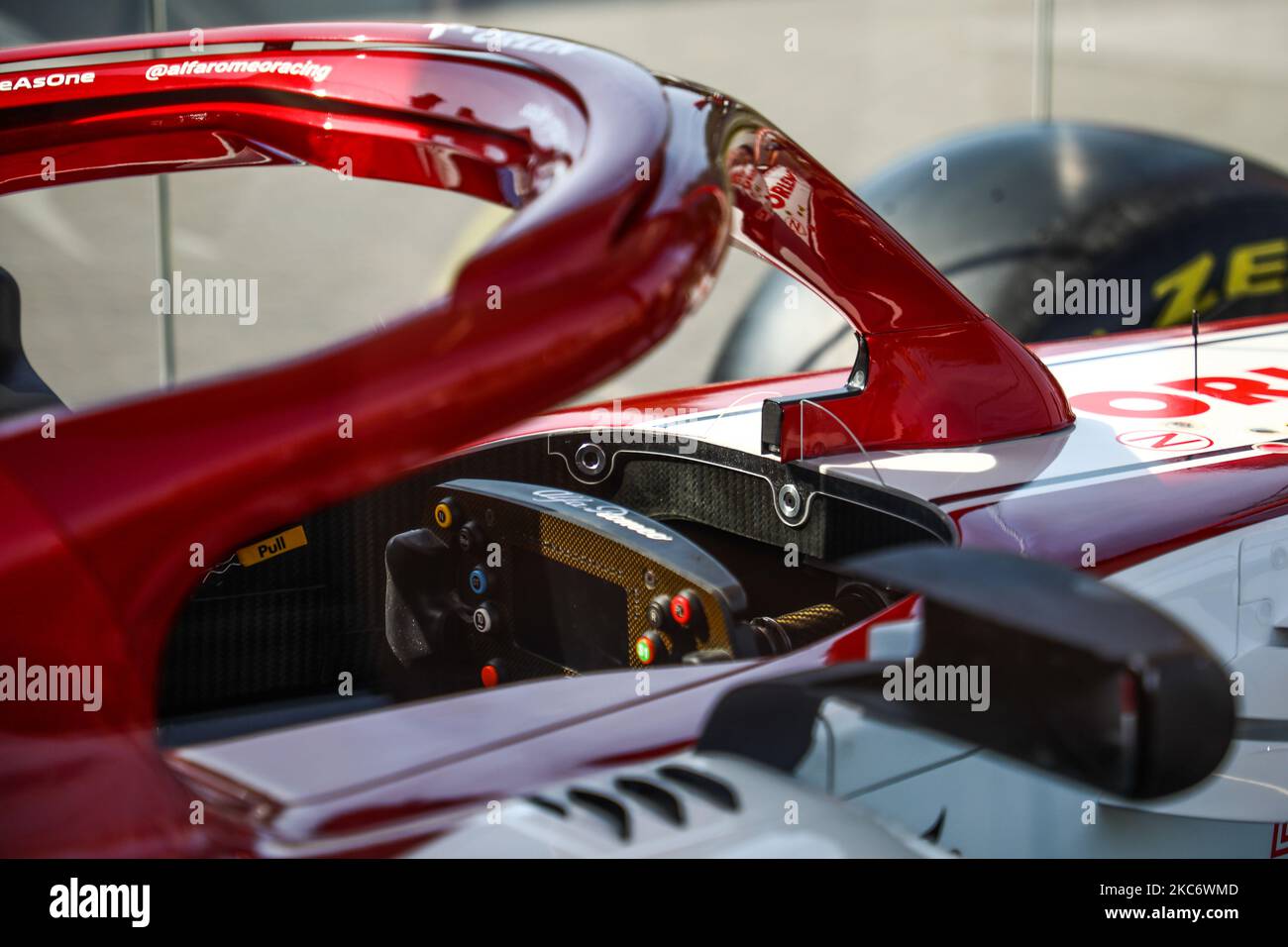 Halo system is seen on Formula 1 car with Alfa Romeo Racing ORLEN paint ...
