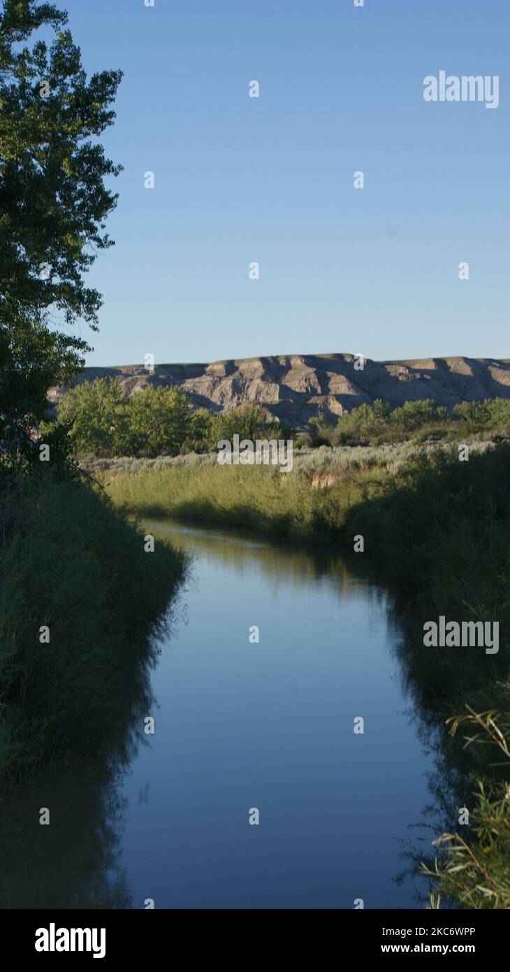 A landscape with narrow river flowing through lush green vegetation in ...
