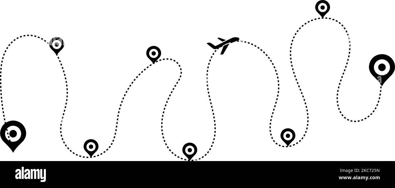 An illustrated design of map pins connected to each other with dotted ...
