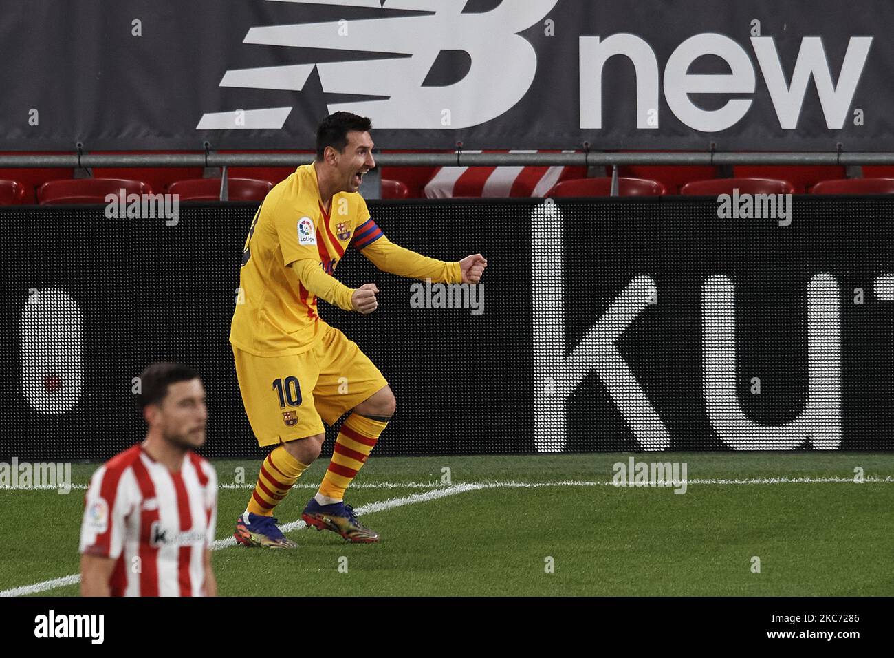 Lionel Messi of Barcelona celebrates after scoring his sides first goal ...