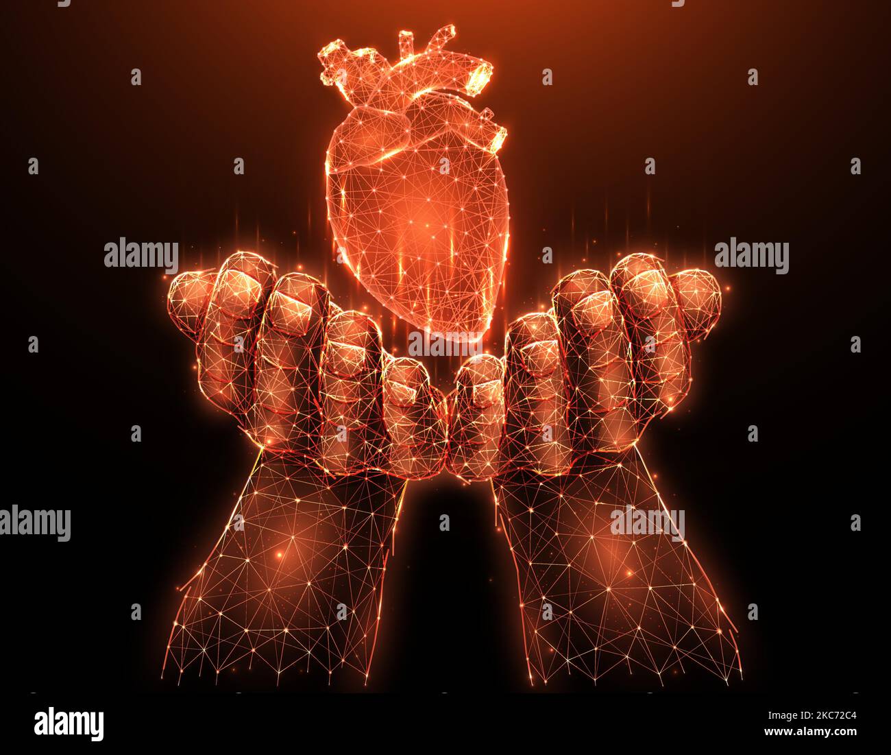 Heart donor. Polygonal vector illustration of a hand with a human heart ...