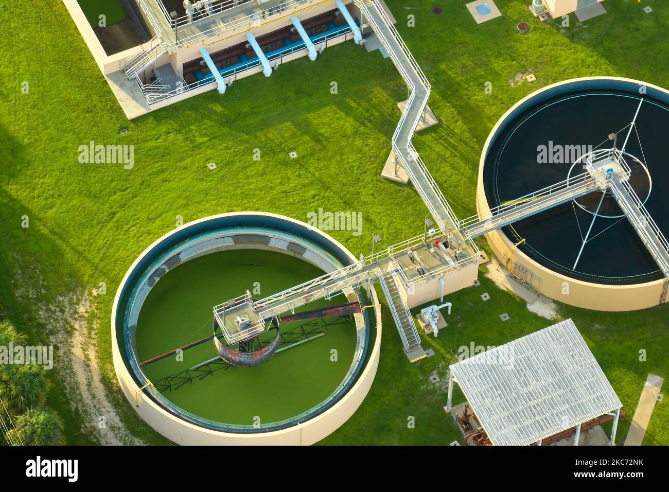 Aerial view of modern water cleaning facility at urban wastewater ...