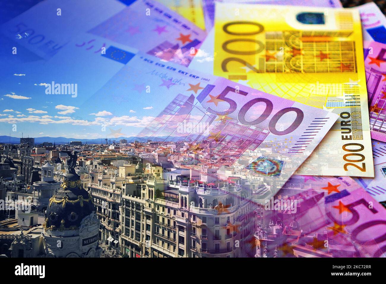 Euro cash banknotes and skyline of Madrid city, Spain (real estate ...