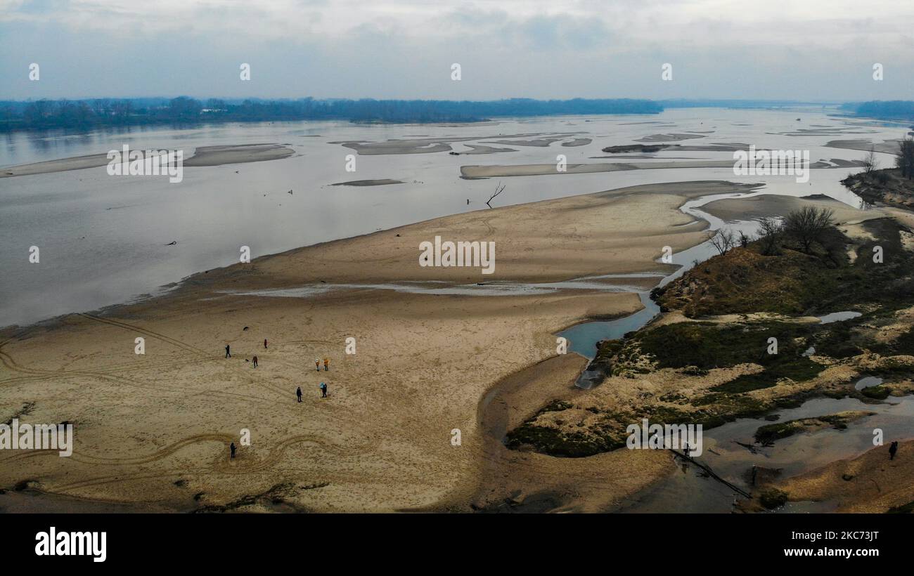 An aerial view is seen of sandbanks in the Vistula river at the ...