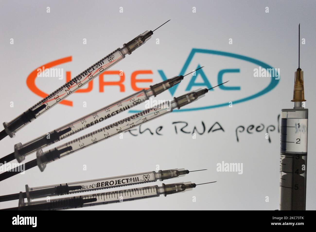 An illustrative image of medical syringes in front of CureVac logo ...