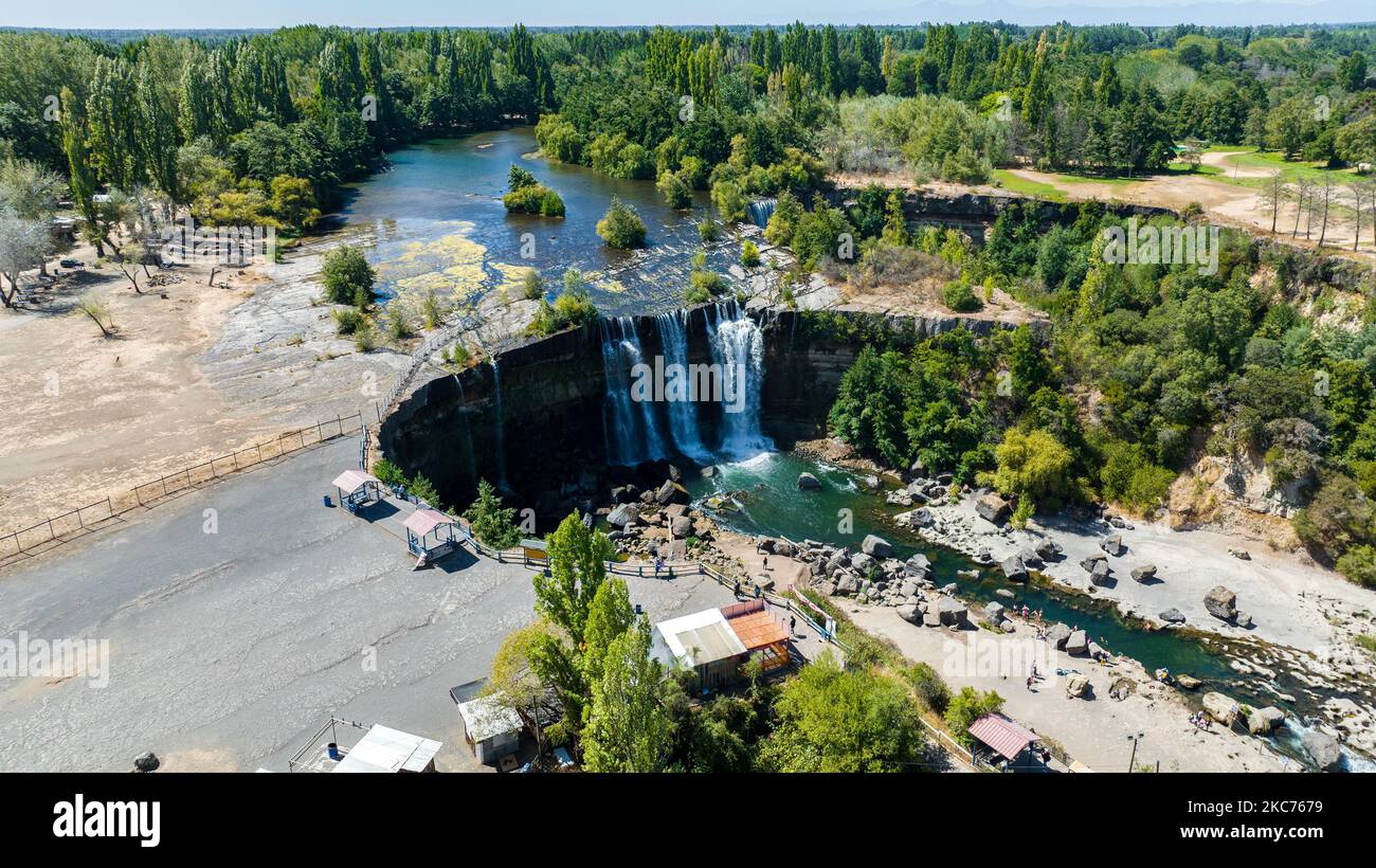 panoramic aerial photo with drone of the cascade Salto del Laja in the ...