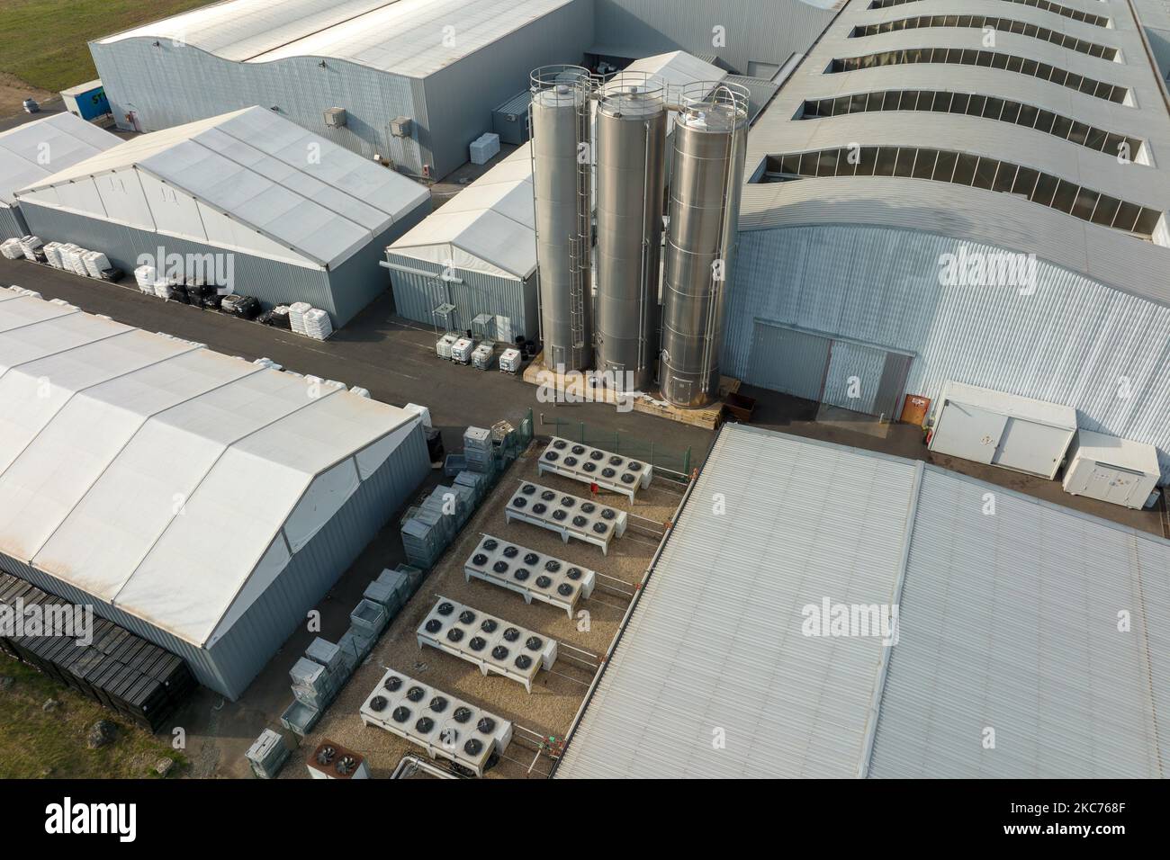 Aerial view of new factory building for producing and shipping of ...