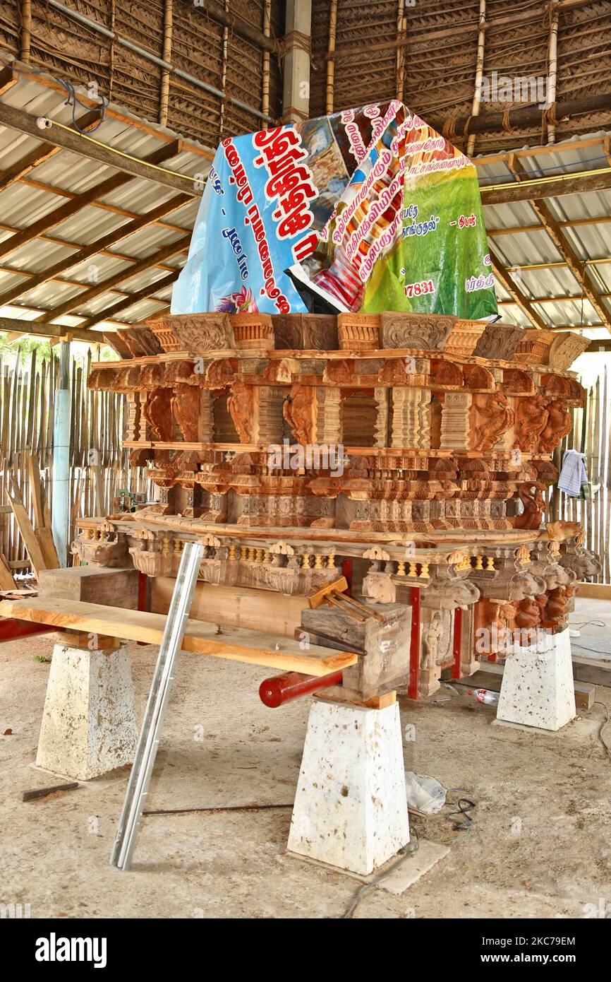 Construction of a traditional Hindu wooden chariot under the guidance ...