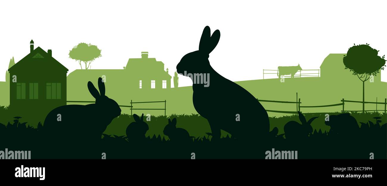 Rabbits are grazing. Picture silhouette. Rural landscape with farmers ...