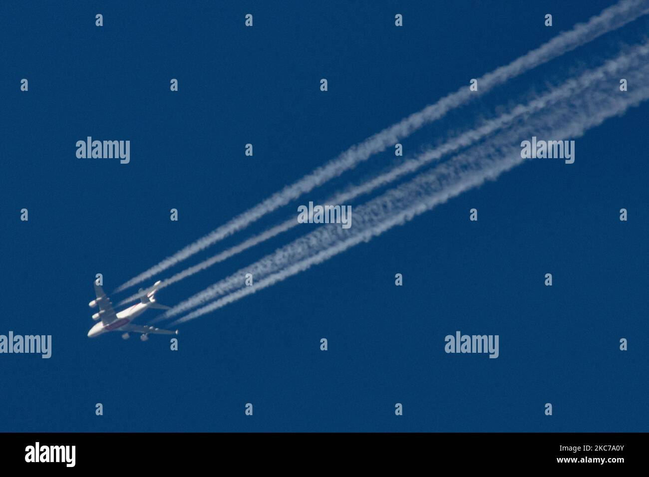 Emirates Airbus A380 aircraft as seen flying in the blue sky over the ...
