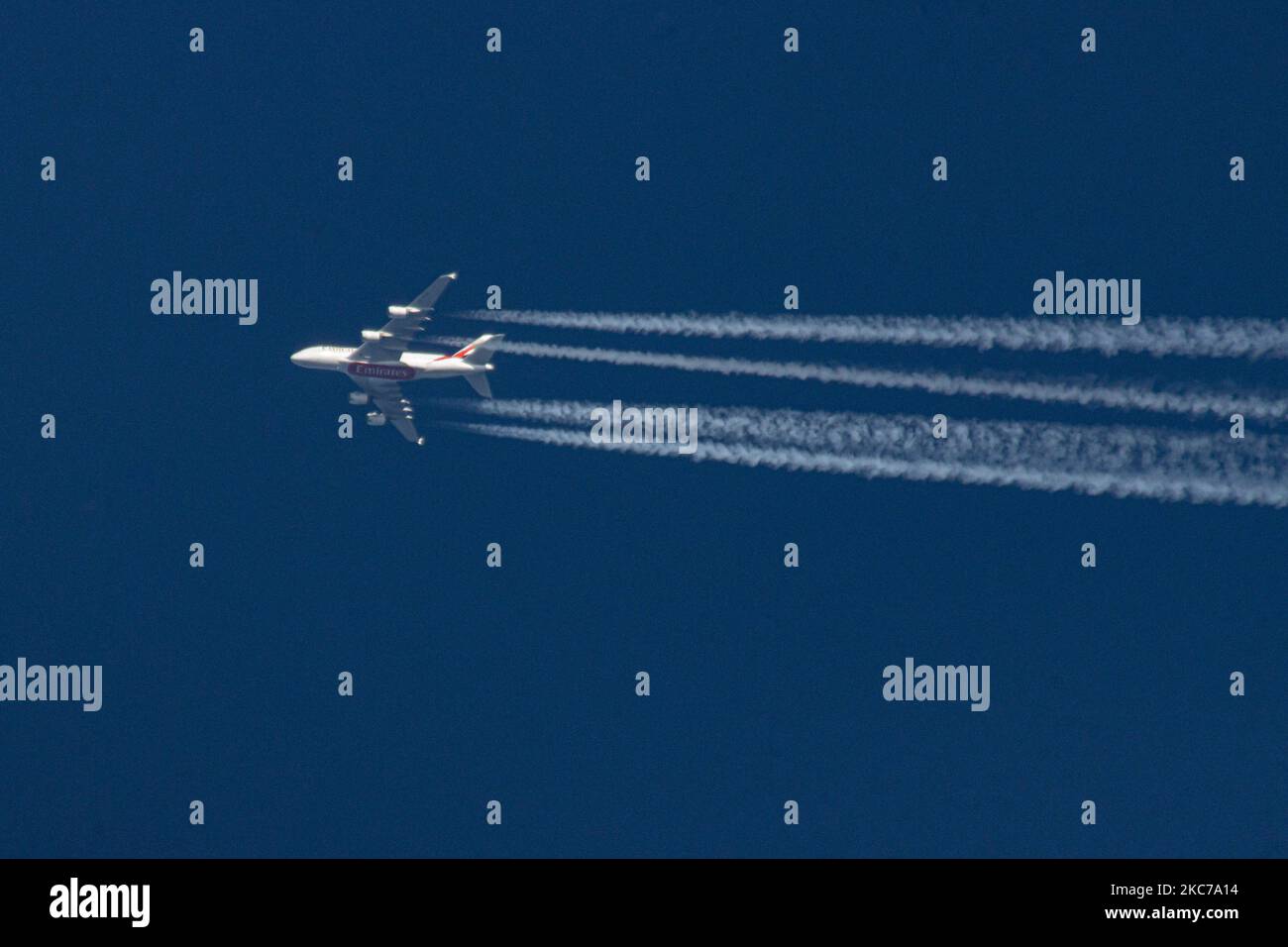 Emirates Airbus A380 aircraft as seen flying in the blue sky over the ...