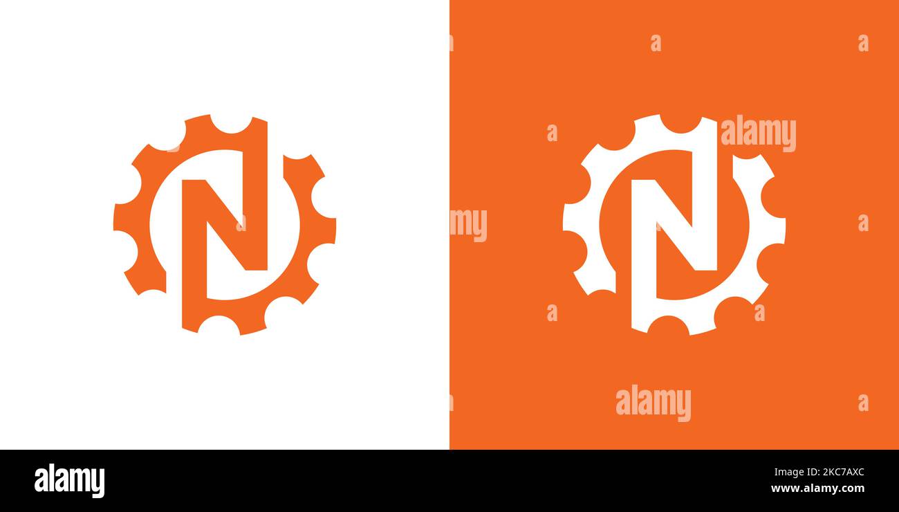 A mechanical logo design of an initial letter N on white and orange ...