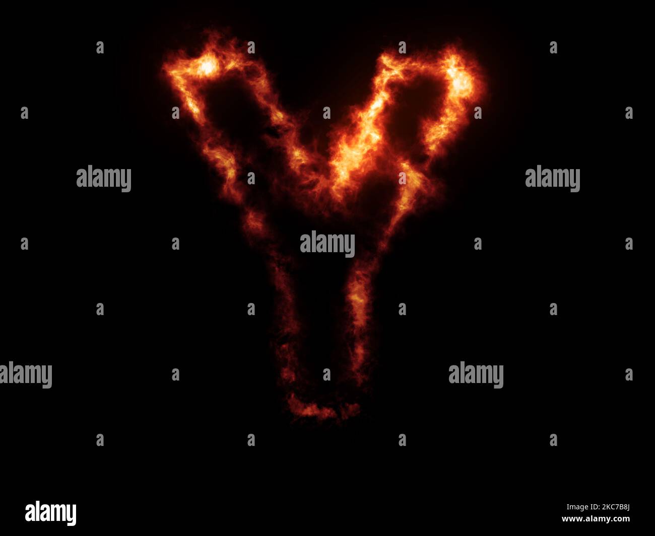 A hot burning flame of capital letter Y isolated on black background ...