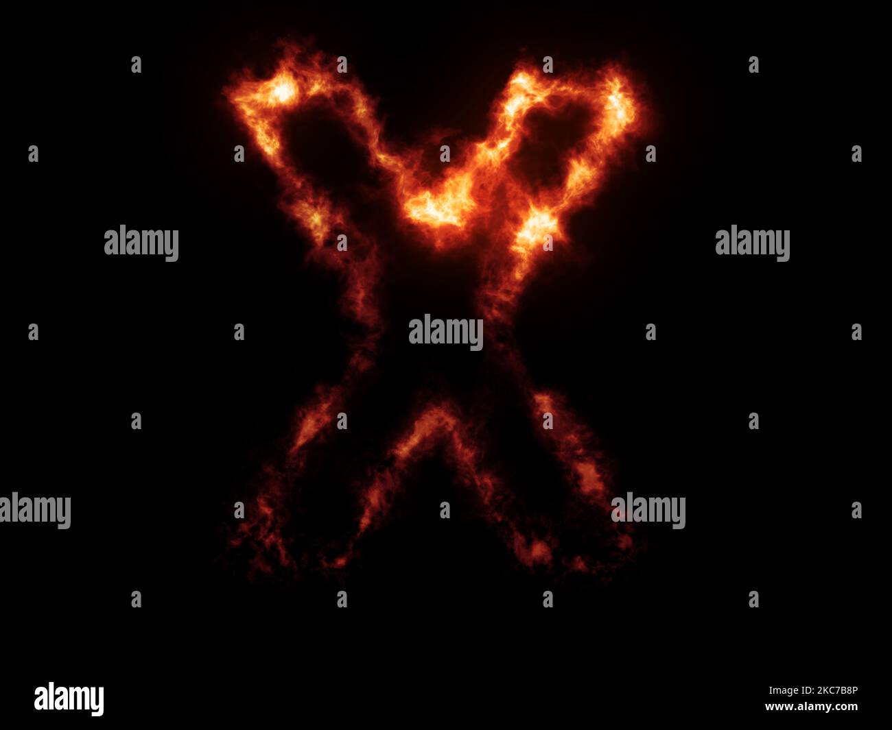 A hot burning flame of capital letter X isolated on black background ...