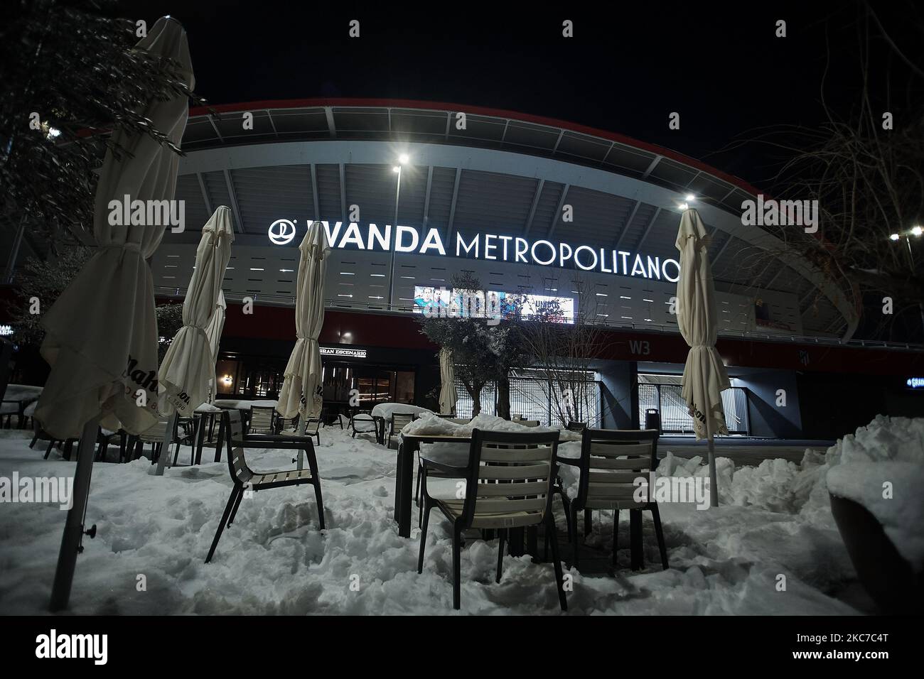 Snowy exterior of Wanda Stadium during the La Liga Santander match ...