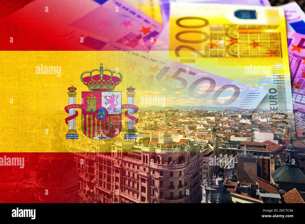 Spain flag, euro cash banknotes and panoramic view of Madrid city (real ...
