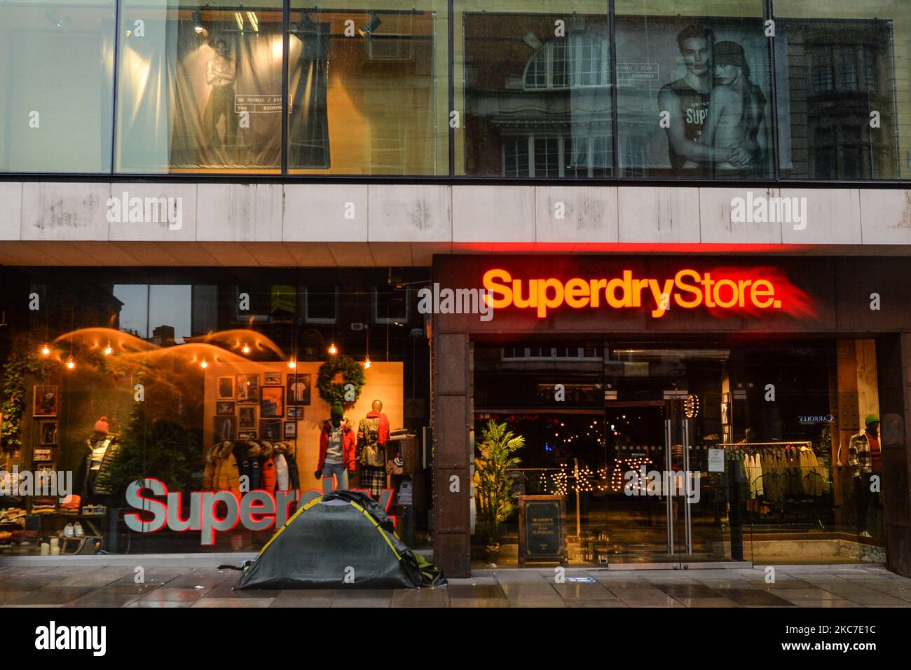 A view of rough sleeper's tent at the entrance to Superdry Store, in ...
